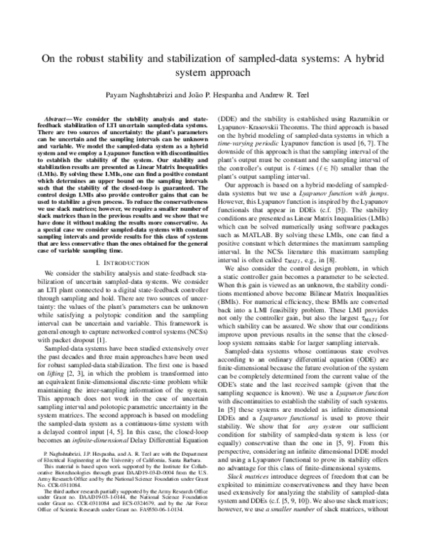 (PDF) On the robust stability and stabilization of sampled-data s ystems: A hybrid system approach