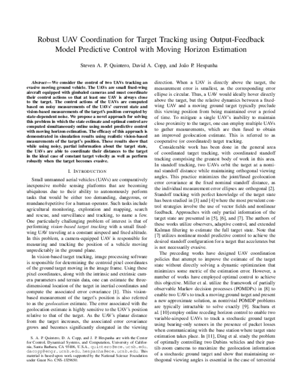 (PDF) Robust UAV coordination for target tracking using output-feedback model predictive control ...
