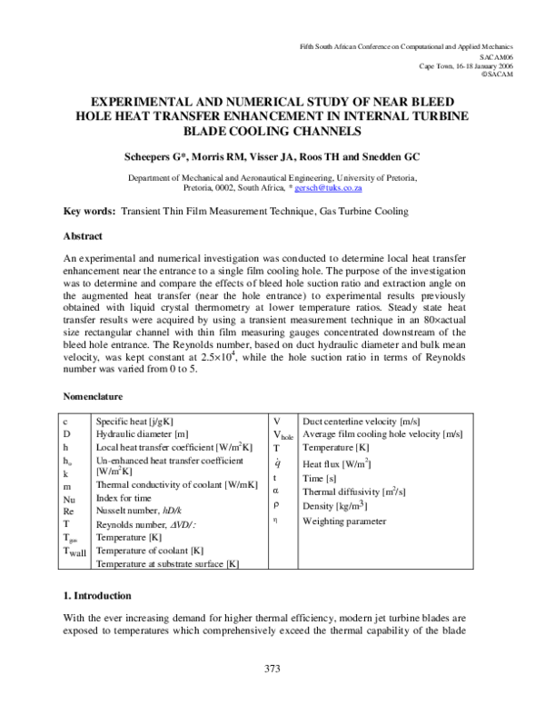 (PDF) Experimental and numerical study of near bleed hole heat transfer ...