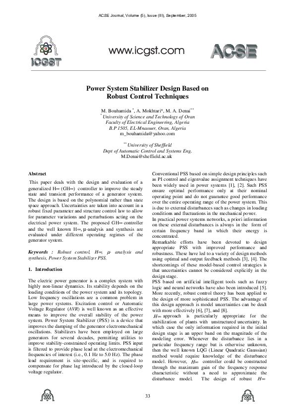 (PDF) Power System Stabilizer Design Based on Robust Control Techniques