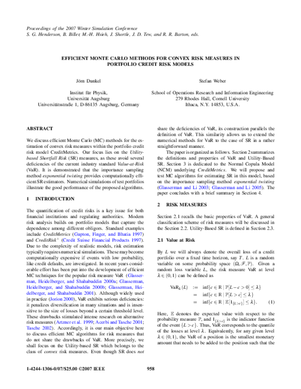 (PDF) Efficient Monte Carlo methods for convex risk measures in portfolio credit risk models