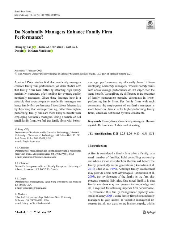 (PDF) Do Nonfamily Managers Enhance Family Firm Performance