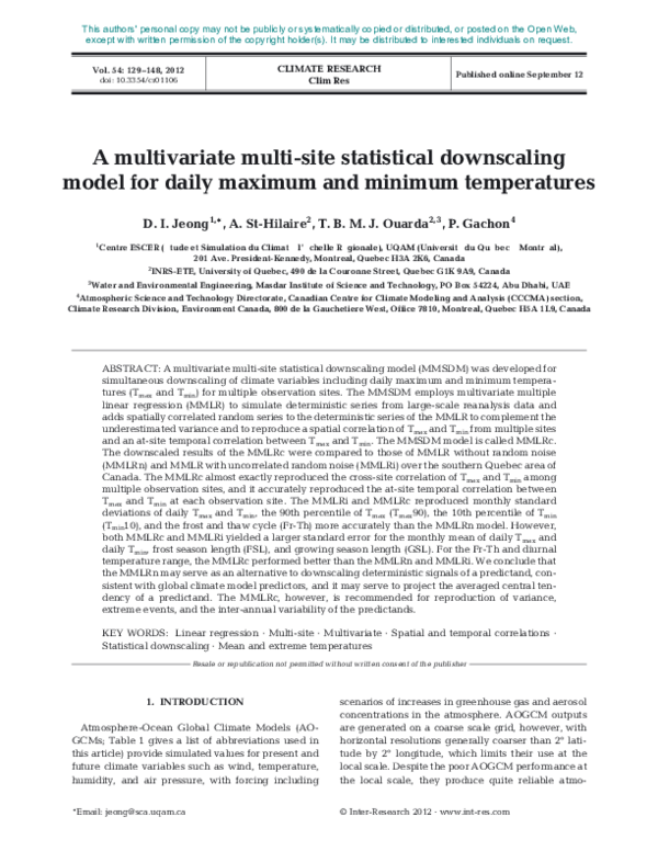 Pdf Multi Site Downscaling Of Maximum And Minimum Daily Temperature Using Support Vector