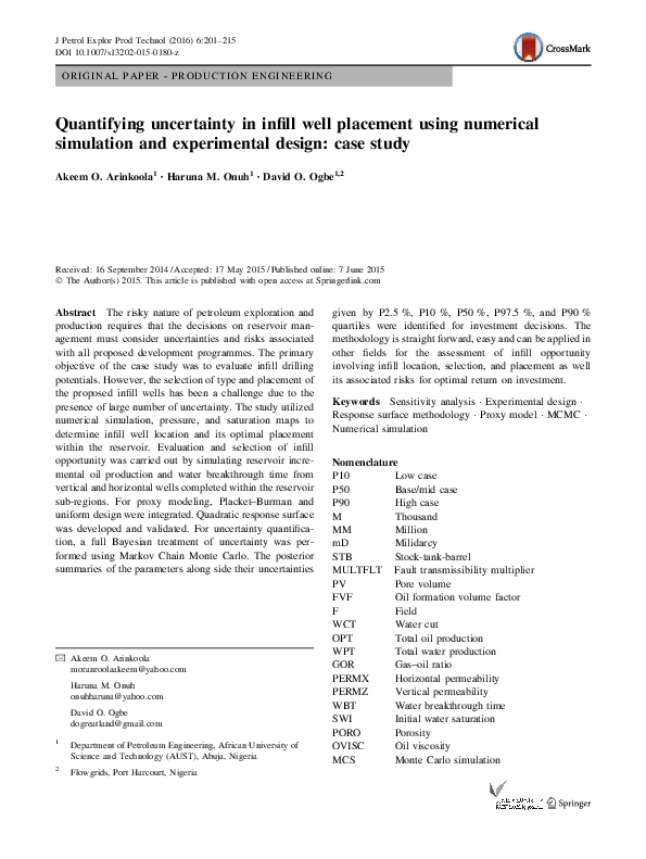 (PDF) Quantifying uncertainty in infill well placement using numerical simulation and ...