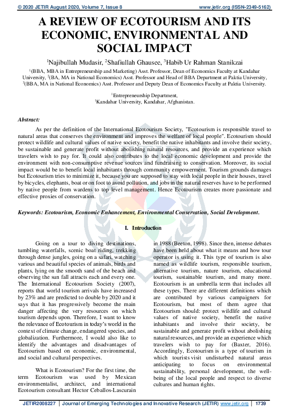 (PDF) A REVIEW OF ECOTOURISM AND ITS ECONOMIC, ENVIRONMENTAL AND SOCIAL ...