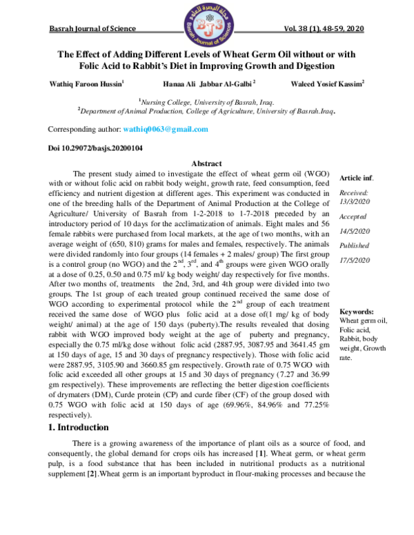(PDF) The Effect of Adding Different Levels of Wheat Germ Oil without ...