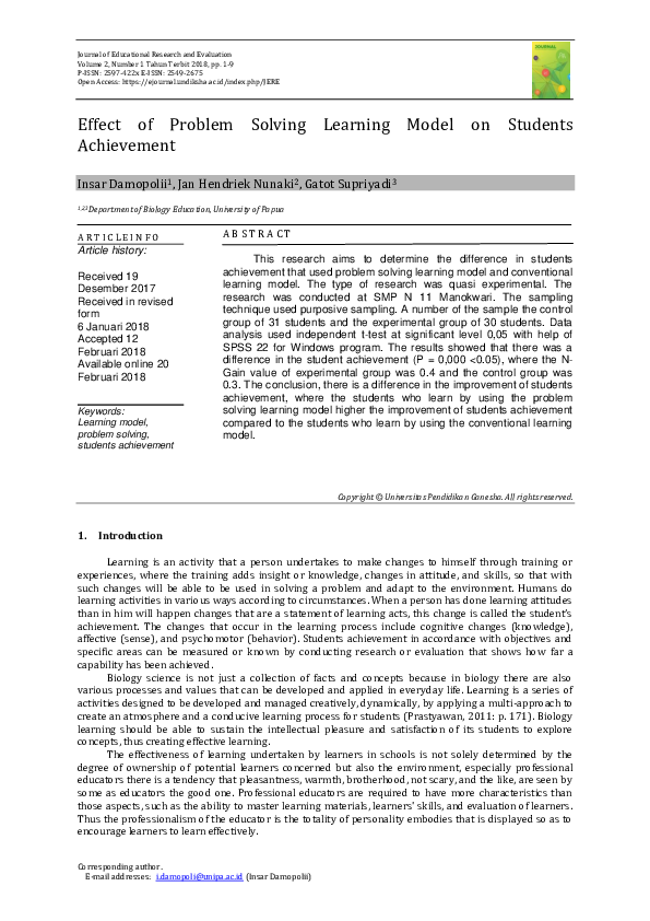 (PDF) Effect of Problem Solving Learning Model on Students Achievement