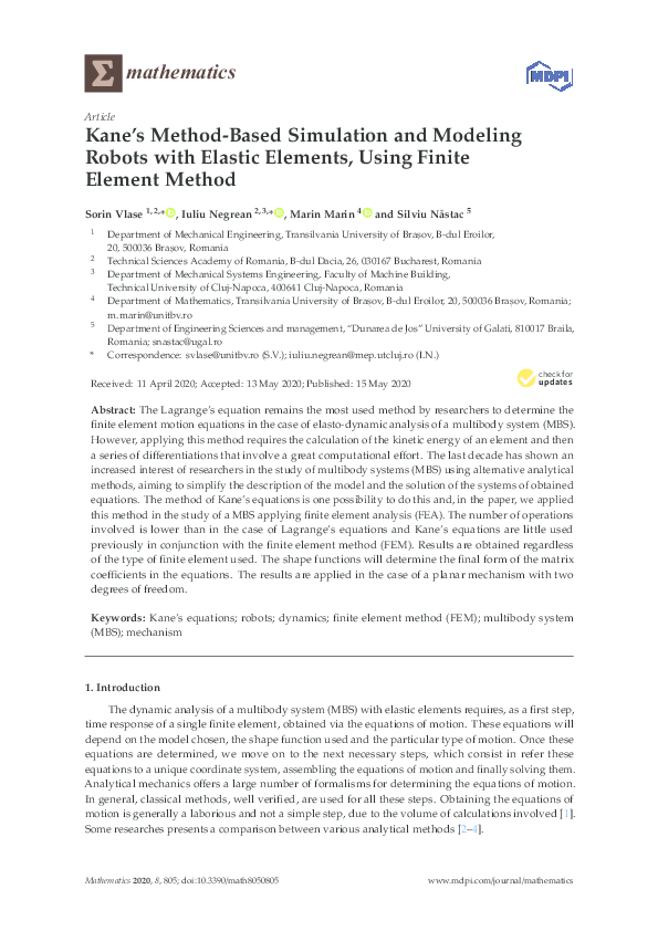 (PDF) Kane’s Method for Simulation of Elastic Robots via FEM