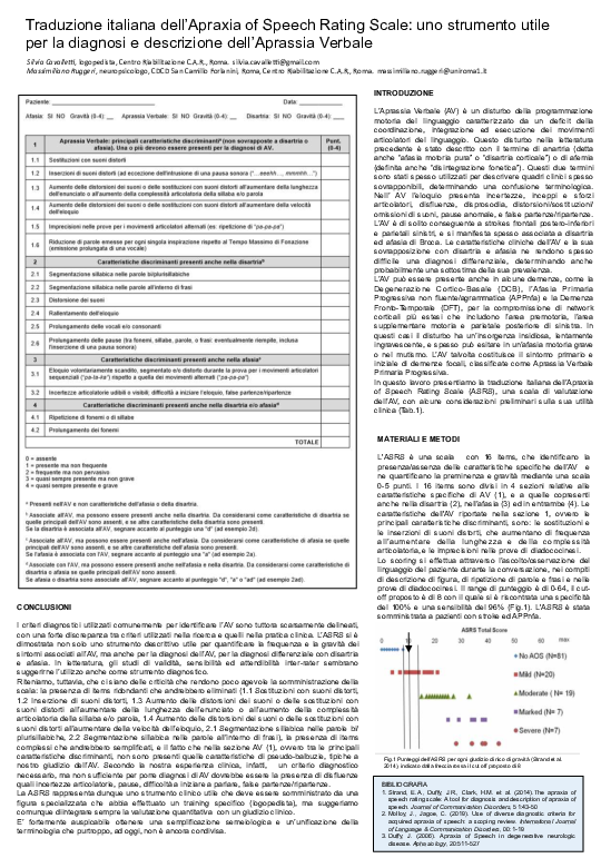 (PDF) Traduzione italiana dell'Apraxia of Speech Rating Scale: uno ...