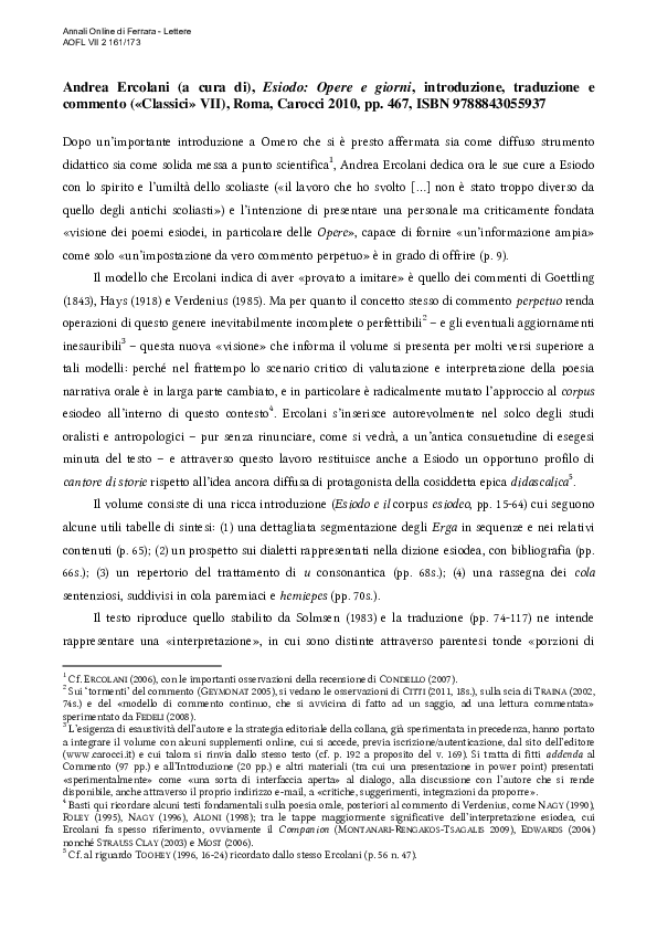 (PDF) Andrea Ercolani (a cura di), Esiodo: Opere e giorni ...