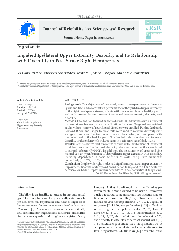 (PDF) Impaired Ipsilateral Upper Extremity Dexterity and Its ...