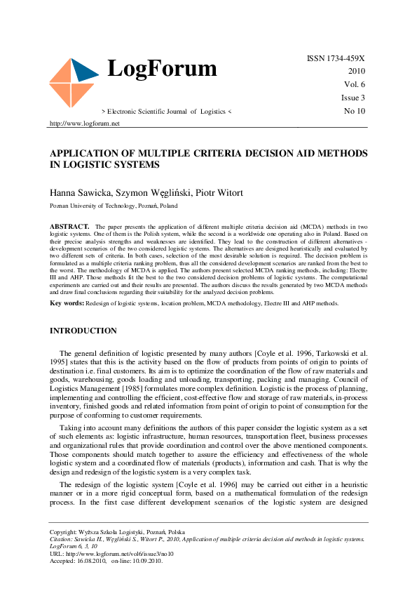 (PDF) Application of multiple criteria decision aid methods in logistic systems
