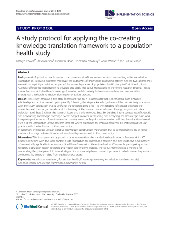 (PDF) A study protocol for applying the co-creating knowledge translation framework to a ...