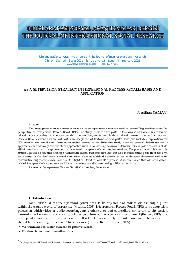 (PDF) AS A SUPERVISION STRATEGY INTERPERSONAL PROCESS RECALL: BASIS AND ...