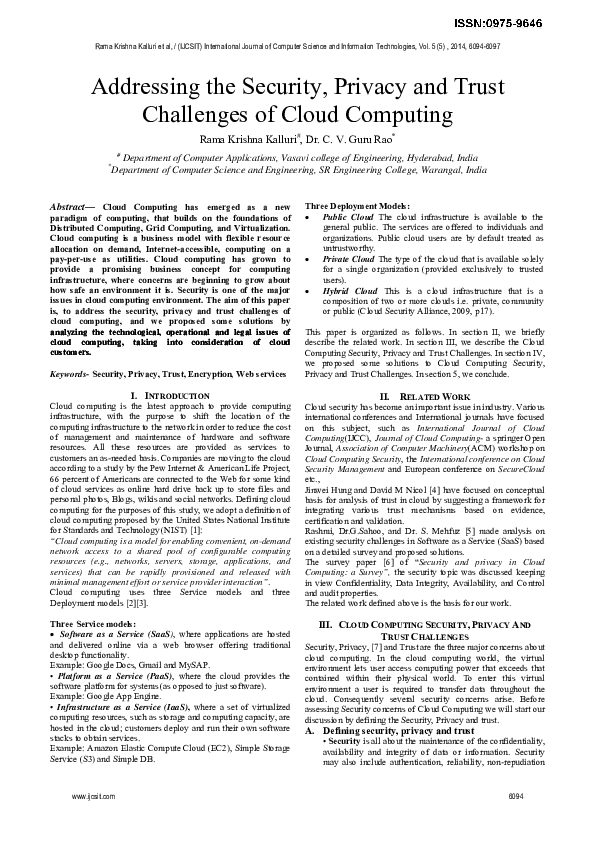 (PDF) Addressing the Security, Privacy and Trust Challenges of Cloud Computing