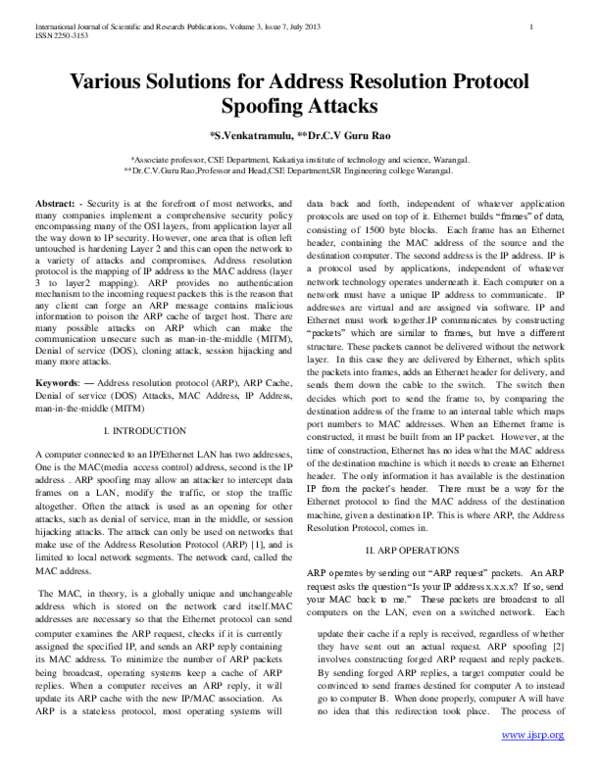 (PDF) Various Solutions for Address Resolution Protocol Spoofing Attacks