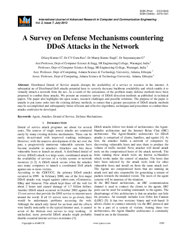 (PDF) A Survey on Defense Mechanisms countering DDoS Attacks in the Network