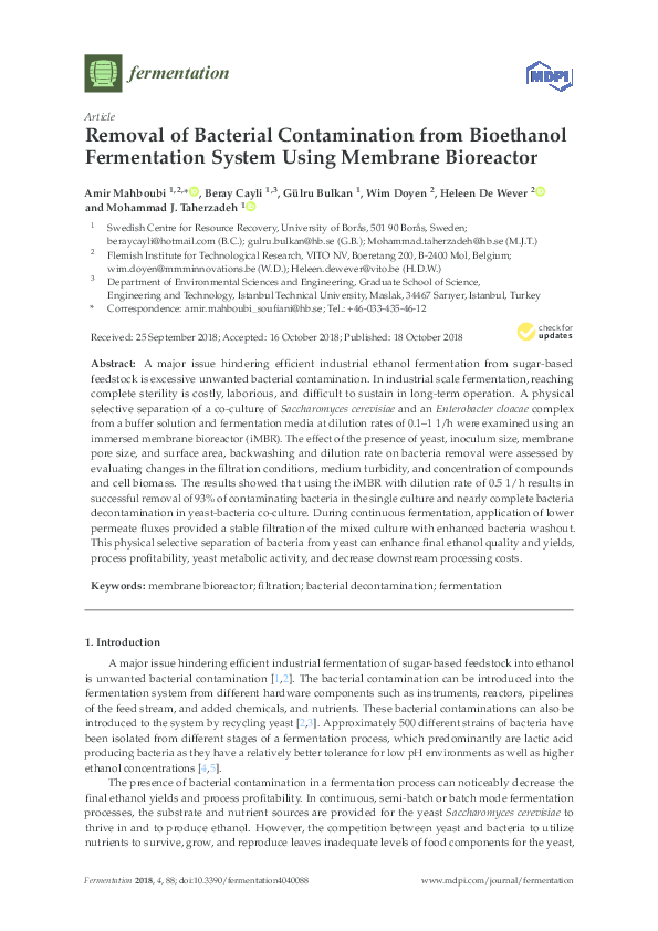 (PDF) Removal of Bacterial Contamination from Bioethanol Fermentation ...