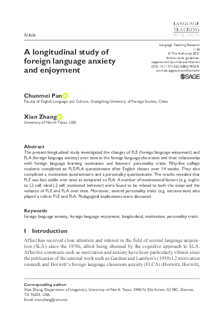(PDF) A longitudinal study of foreign language anxiety and enjoyment