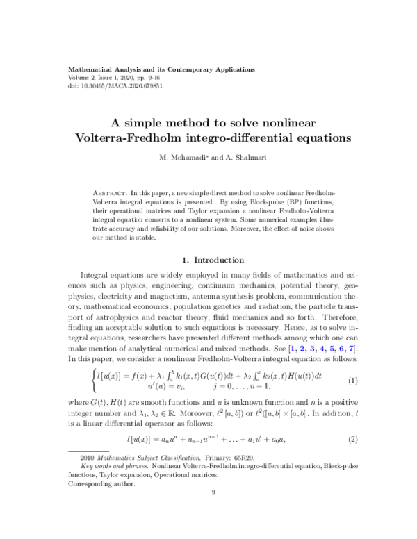 Pdf A Simple Method To Solve Nonlinear Volterra Fredholm Integro Differential Equations