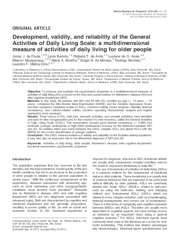 (PDF) Development, validity, and reliability of the General Activities of Daily Living Scale: a ...