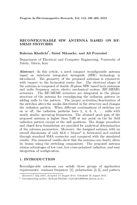 (PDF) Reconfigurable Siw Antenna Based on RF-Mems Switches