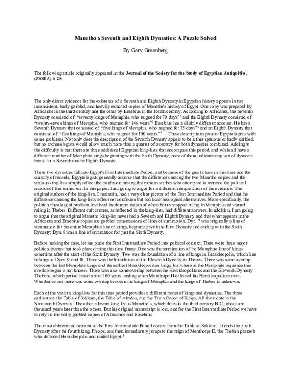 (PDF) Manetho's Seventh and Eighth Dynasties: A Puzzle Solved