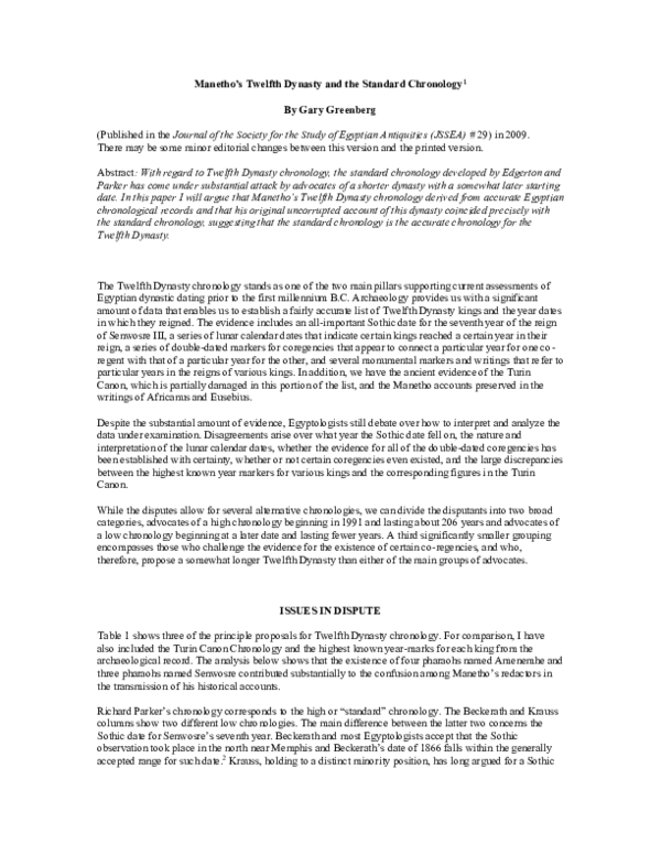 (PDF) Manetho's Twelfth Dynasty and the Standard Chronology 1