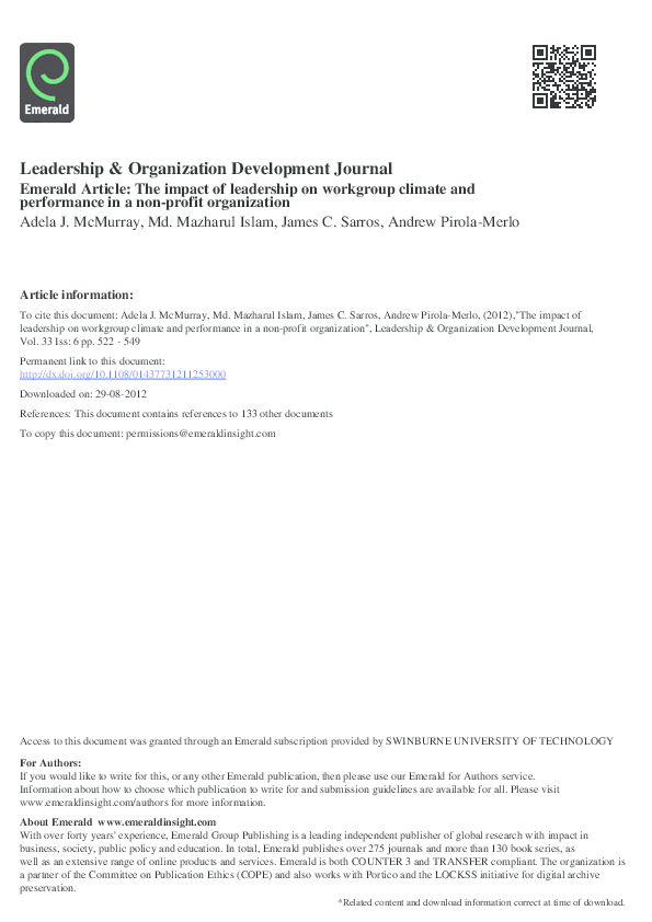 (PDF) The impact of leadership on workgroup climate and performance in ...