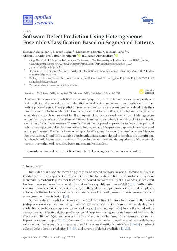 Pdf Software Defect Prediction Using Heterogeneous Ensemble