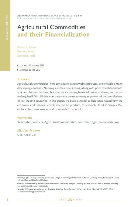 (PDF) Agricultural Commodities and their Financialization