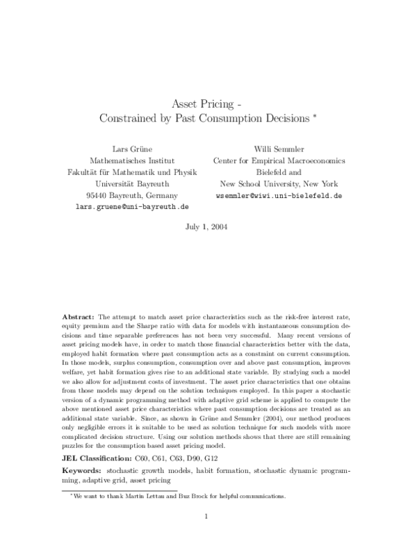 (PDF) Asset Pricing - Constrained by Past Consumption Decisions
