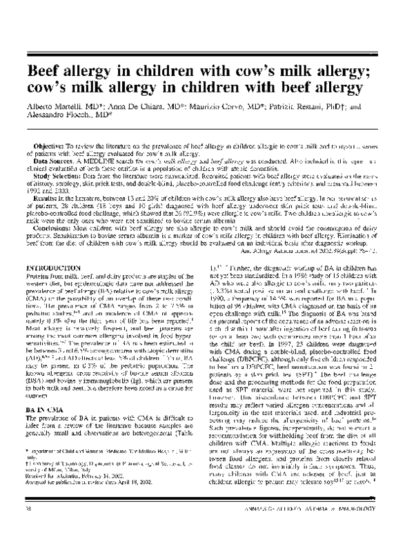(PDF) Beef allergy in children with cow's milk allergy; cow's milk ...
