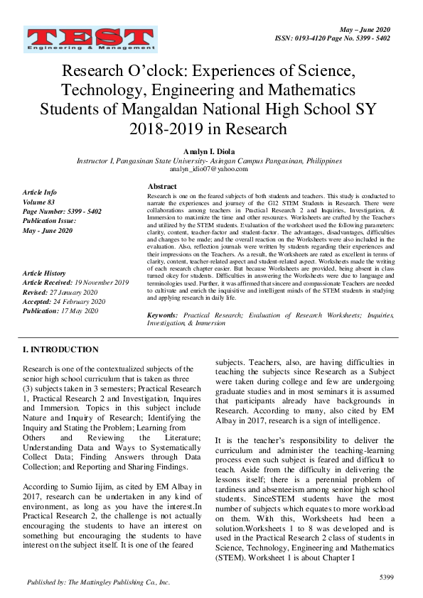 (PDF) Research O’clock: Experiences of Science, Technology, Engineering ...