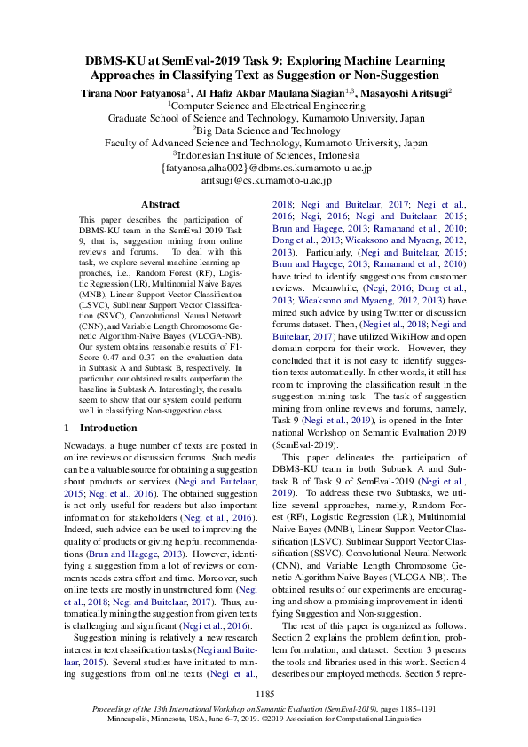 Pdf Dbms Ku At Semeval 2019 Task 9 Exploring Machine Learning