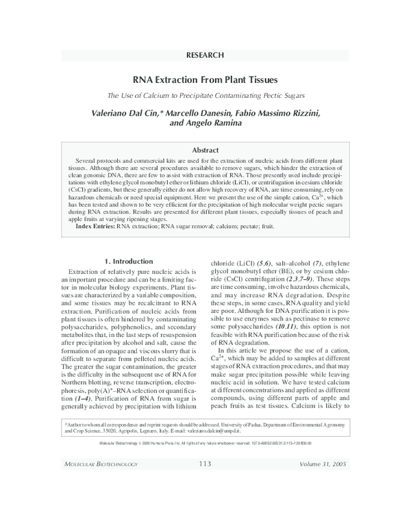 (PDF) RNA Extraction From Plant Tissues: The Use of Calcium to ...