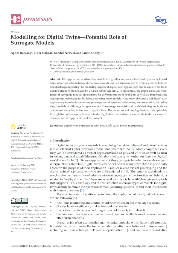 Pdf Modelling For Digital Twins Potential Role Of Surrogate Models