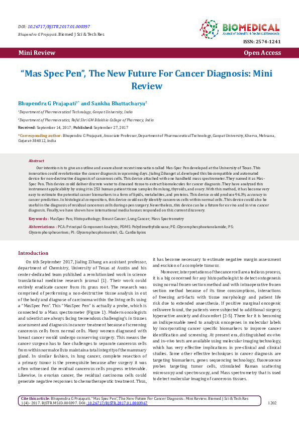 (PDF) “Mas Spec Pen”, The New Future For Cancer Diagnosis: Mini Review
