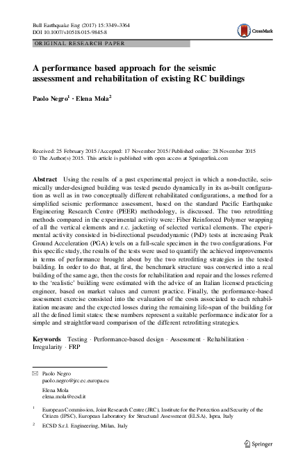 Pdf A Performance Based Approach For The Seismic Assessment And Rehabilitation Of Existing Rc