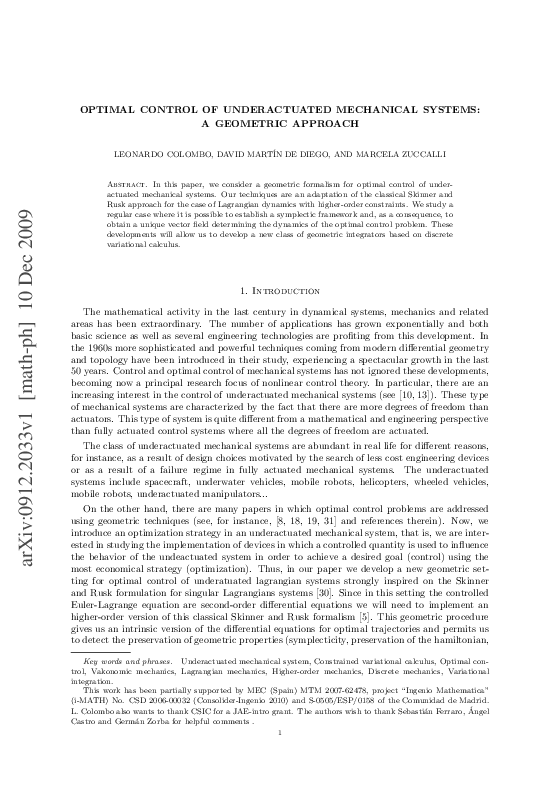 (PDF) Optimal control of underactuated mechanical systems: A geometric approach