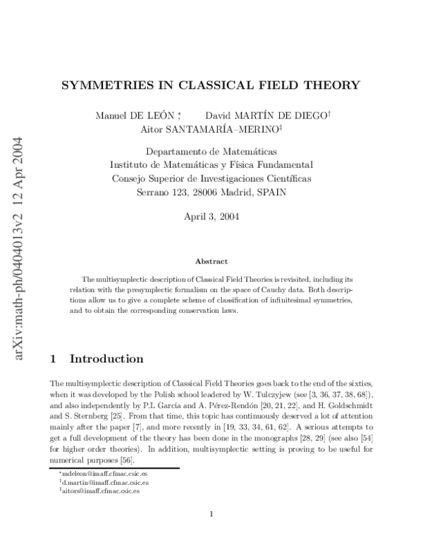 (PDF) Symmetries in Classical Field Theory