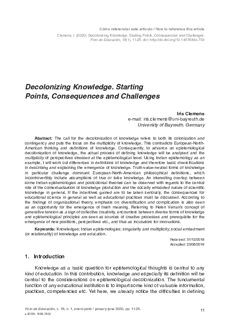 (PDF) Decolonizing Knowledge. Starting Points, Consequences and Challenges