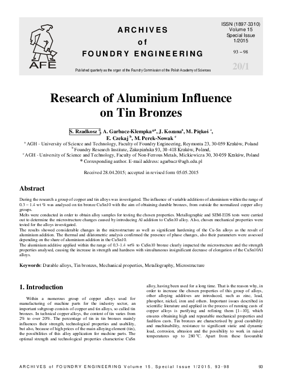(PDF) Research of Aluminium Influence on Tin Bronzes