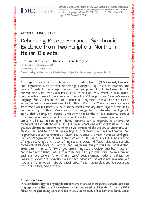(PDF) Debunking Rhaeto-Romance: Synchronic Evidence from Two Peripheral ...