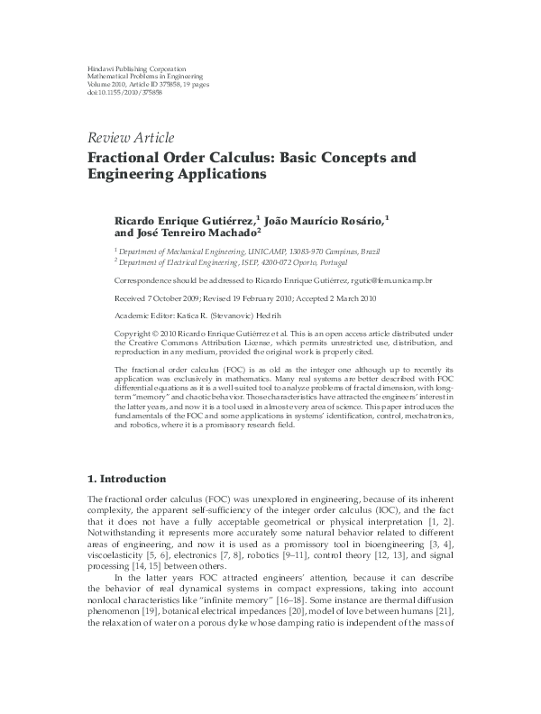 Pdf Fractional Order Calculus Basic Concepts And Engineering Applications