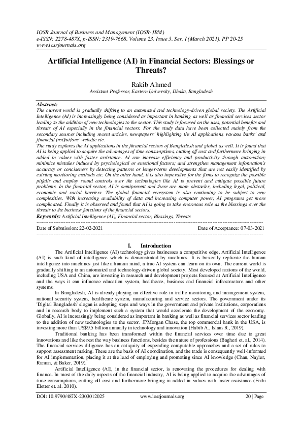 Pdf Artificial Intelligence Ai In Financial Sectors Blessings Or