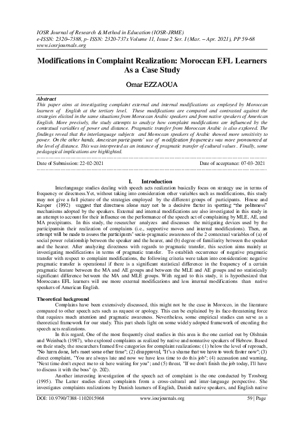 (PDF) Modifications in Complaint Realization: Moroccan EFL Learners As ...