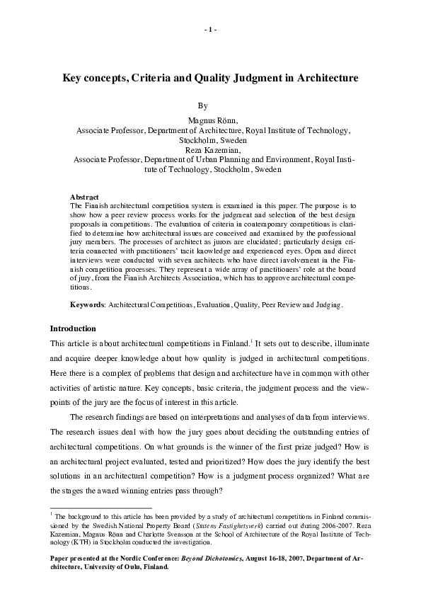 (PDF) Key concepts, Criteria and Quality Judgment in Architecture