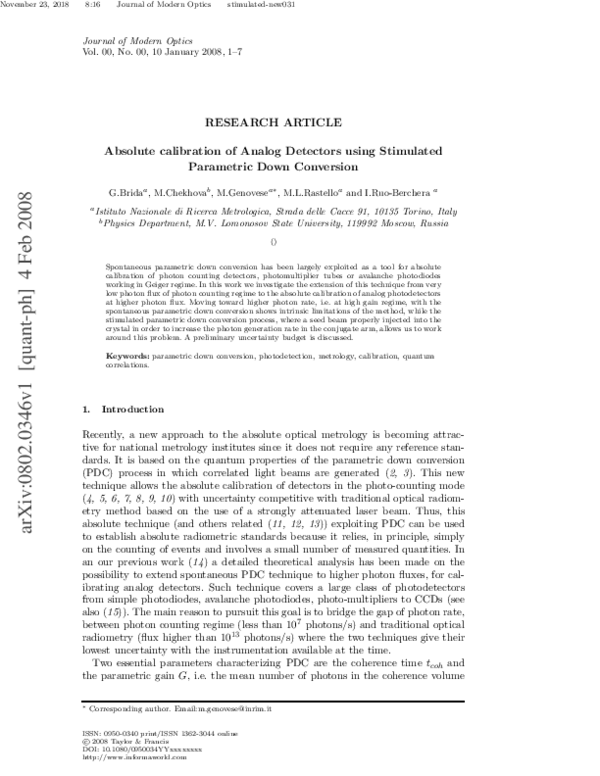 (PDF) Absolute calibration of analog detectors using stimulated parametric down conversion