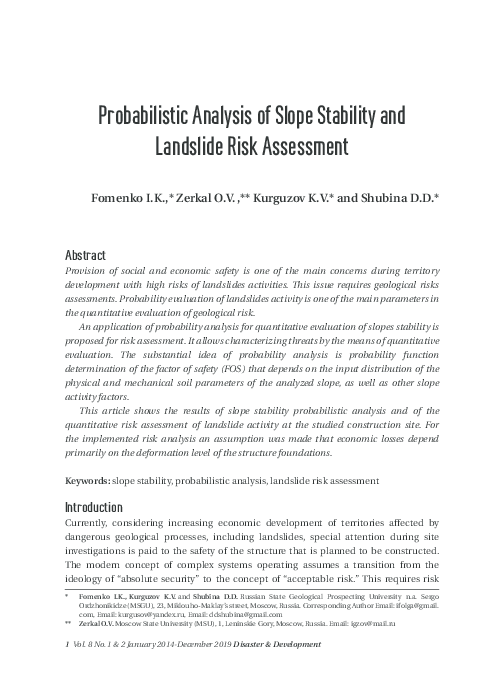 (PDF) Probabilistic Analysis of Slope Stability and Landslide Risk Assessment